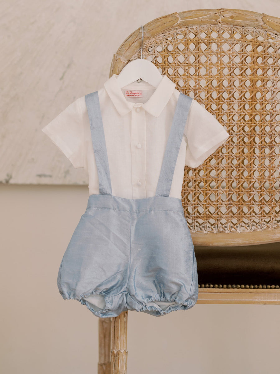 Light Blue Aliso Ceremony Silk Baby Boy Set | La Coqueta Kids UK