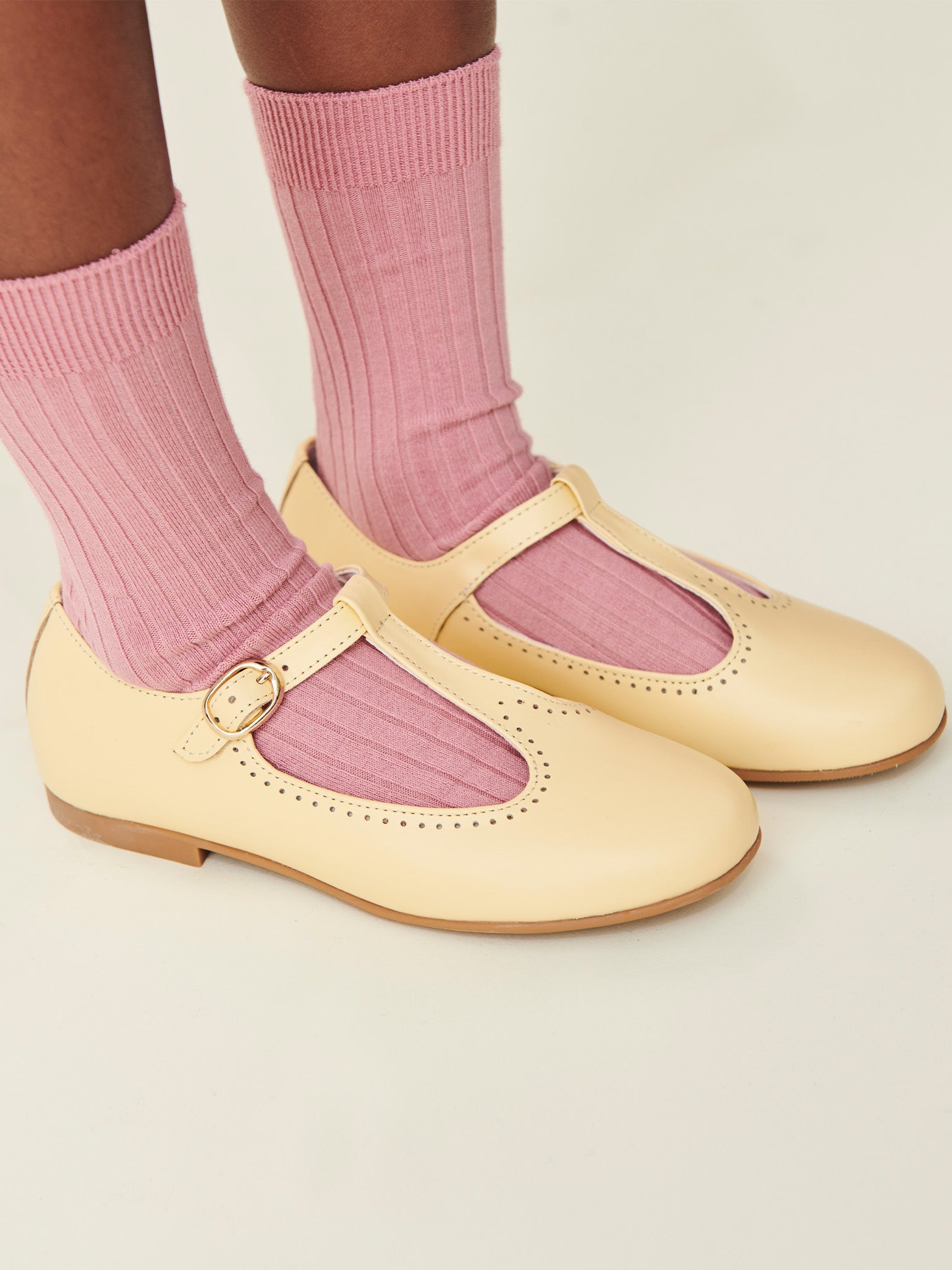 Pale Yellow Leather Girl T-Bar Shoes | La Coqueta Kids UK