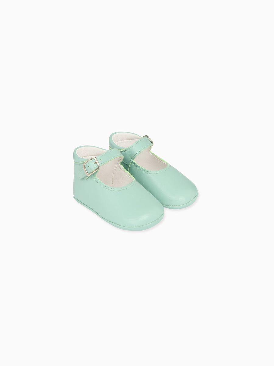 Pale Green Leather Baby Mary Jane Shoes | La Coqueta Kids UK