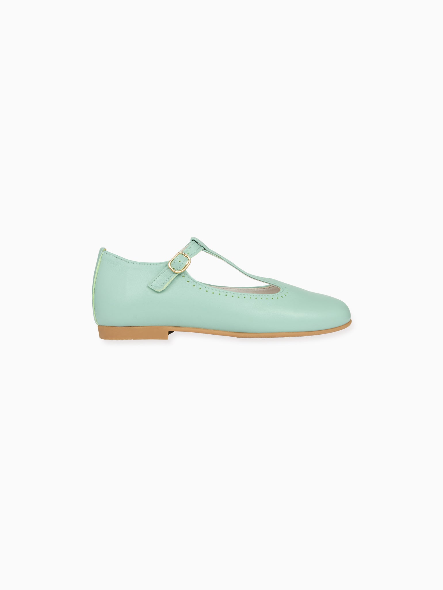 Pale Green Leather Girl T-Bar Shoes | La Coqueta Kids UK