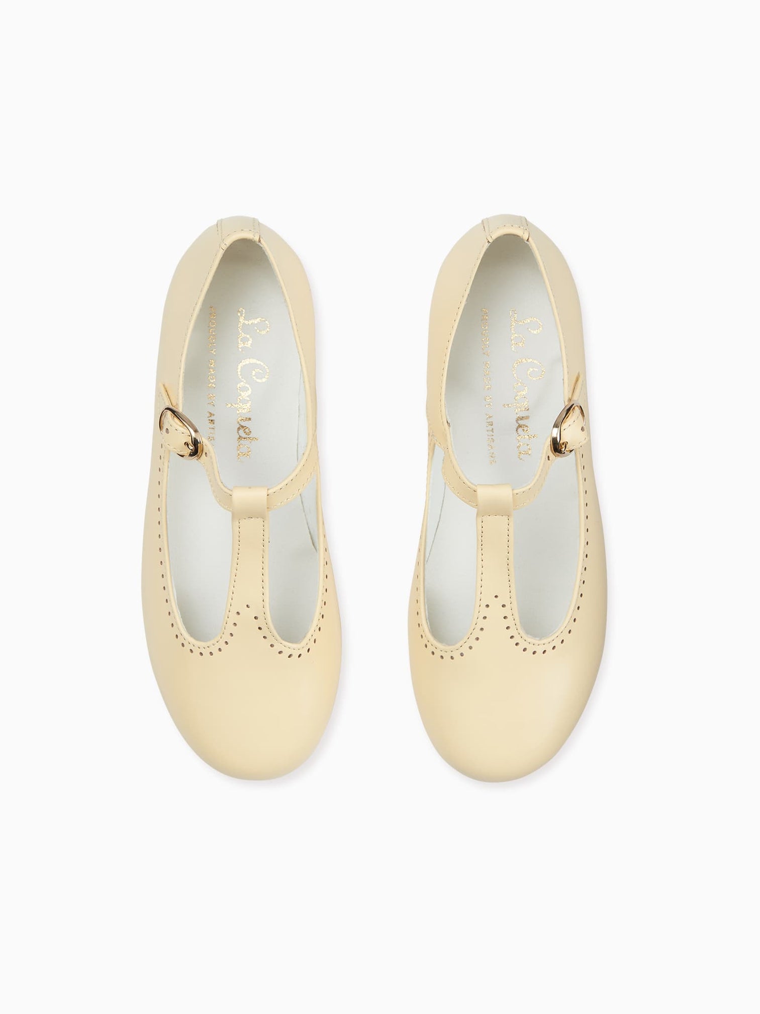 Pale Yellow Leather Girl T-Bar Shoes | La Coqueta Kids UK