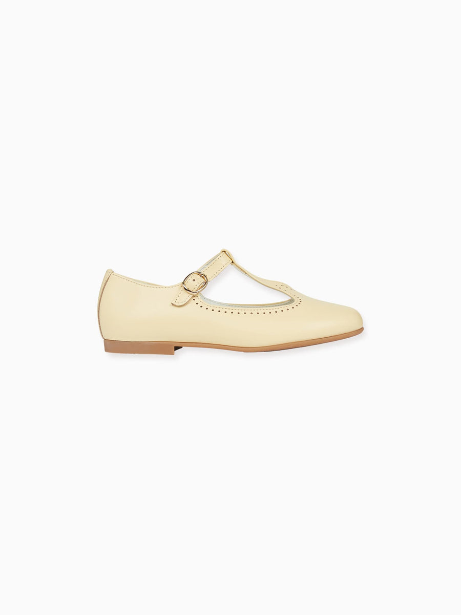 Pale Yellow Leather Girl T-Bar Shoes | La Coqueta Kids UK