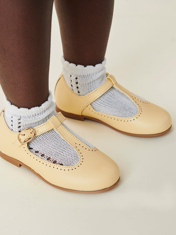 Pale Yellow Leather Girl T-Bar Shoes | La Coqueta Kids UK