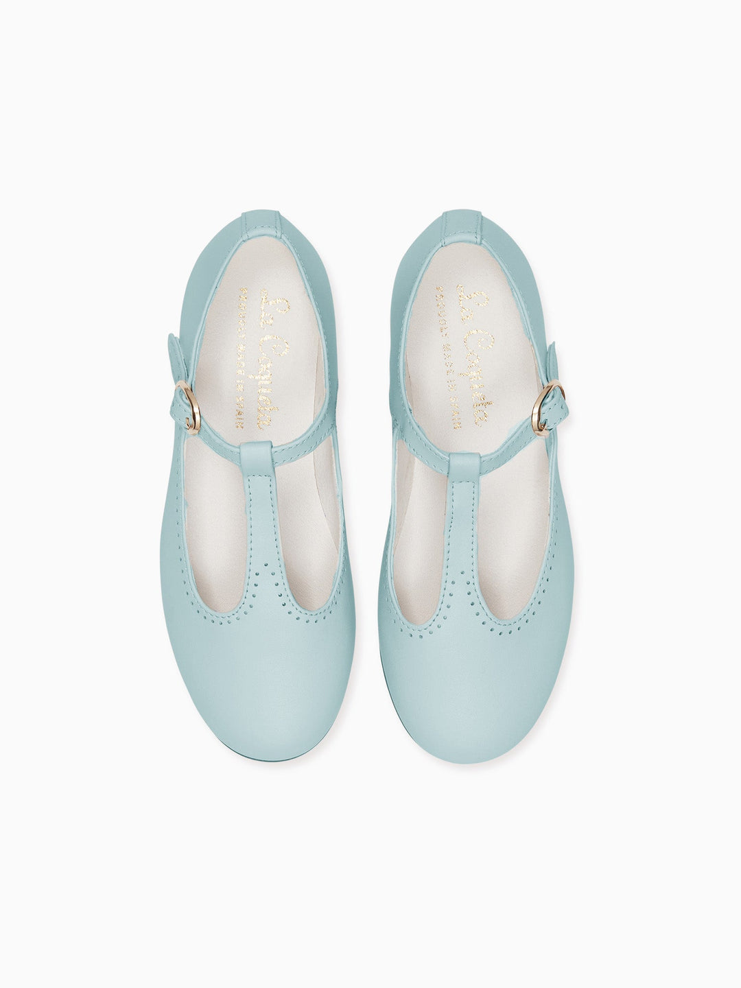 Light Blue Leather Girl T-Bar Shoes | La Coqueta Kids UK